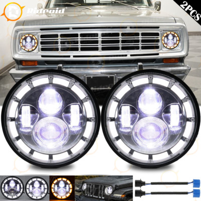 Pair 7inch Round LED Headlights Sealed Beam Hi/Lo For Dodge D100 D200 ...