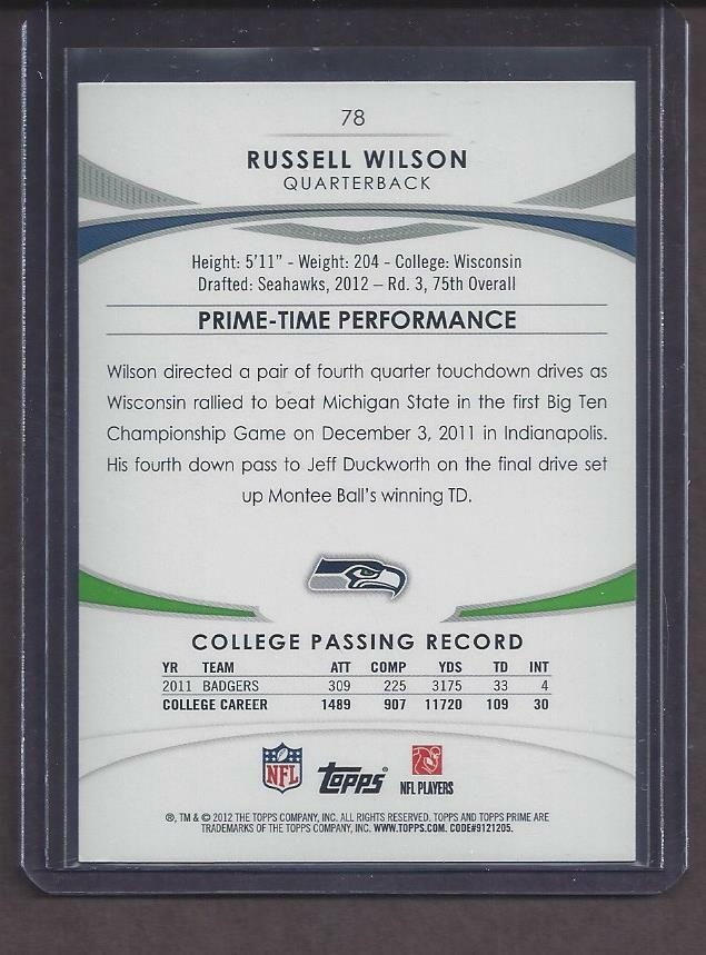 2012 Topps Prime Russell Wilson RC #78 | eBay
