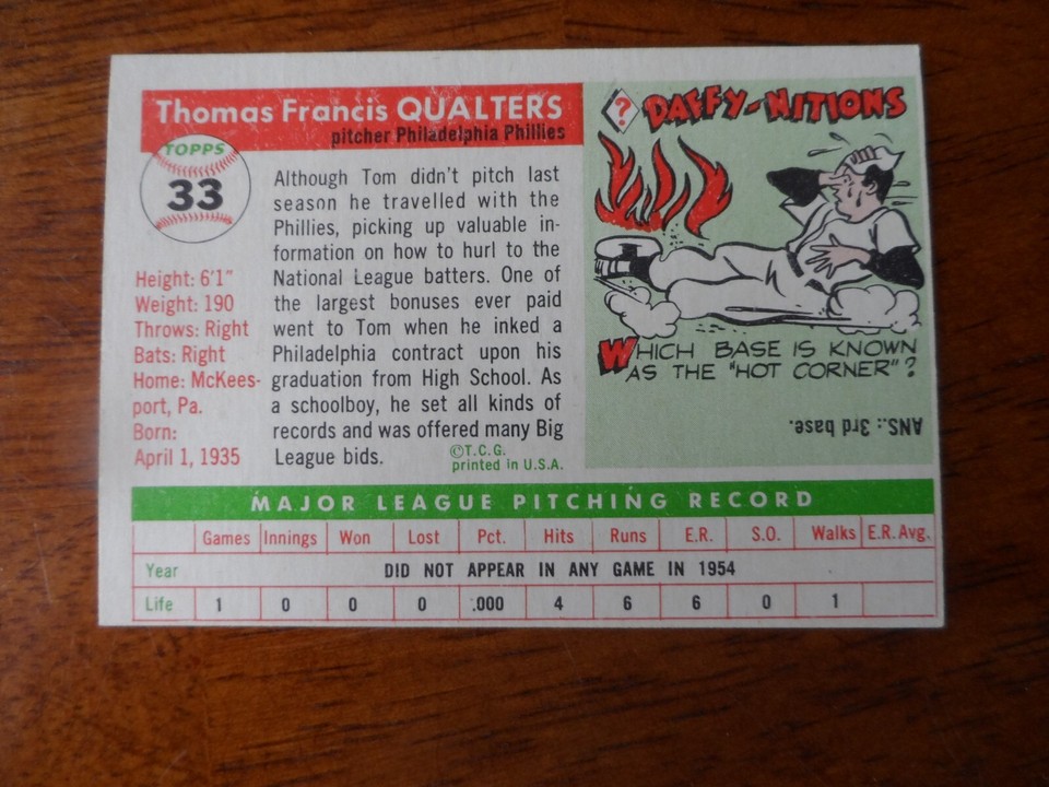 1955 TOPPS BASEBALL #33 TOM QUALTERS PHILADELPHIA PHILLIES EX-MT Q317 ...