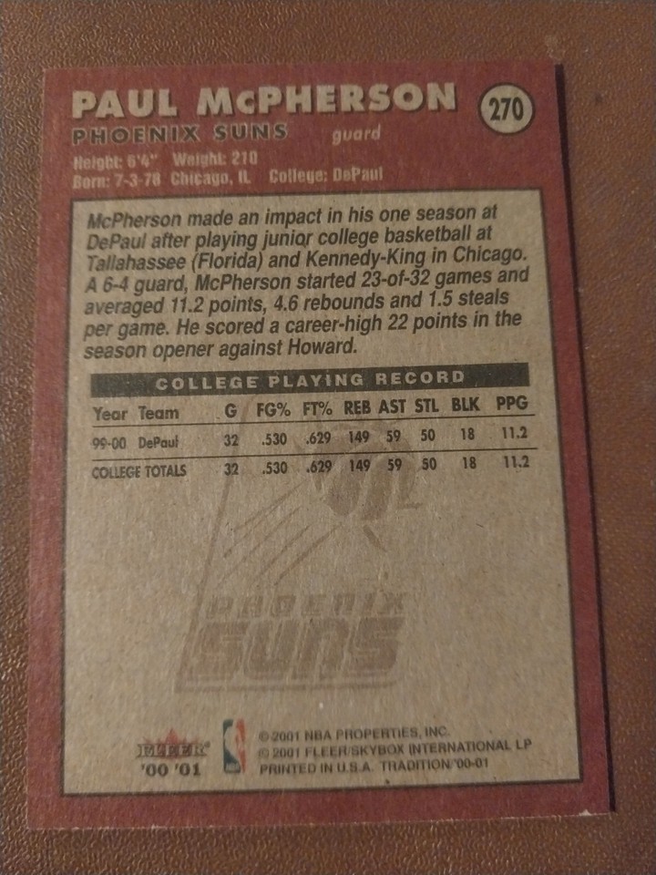 2000 PAUL MCPHERSON FLEER TRADITION NBA ROOKIE CARD RC #270 PHOENIX ...