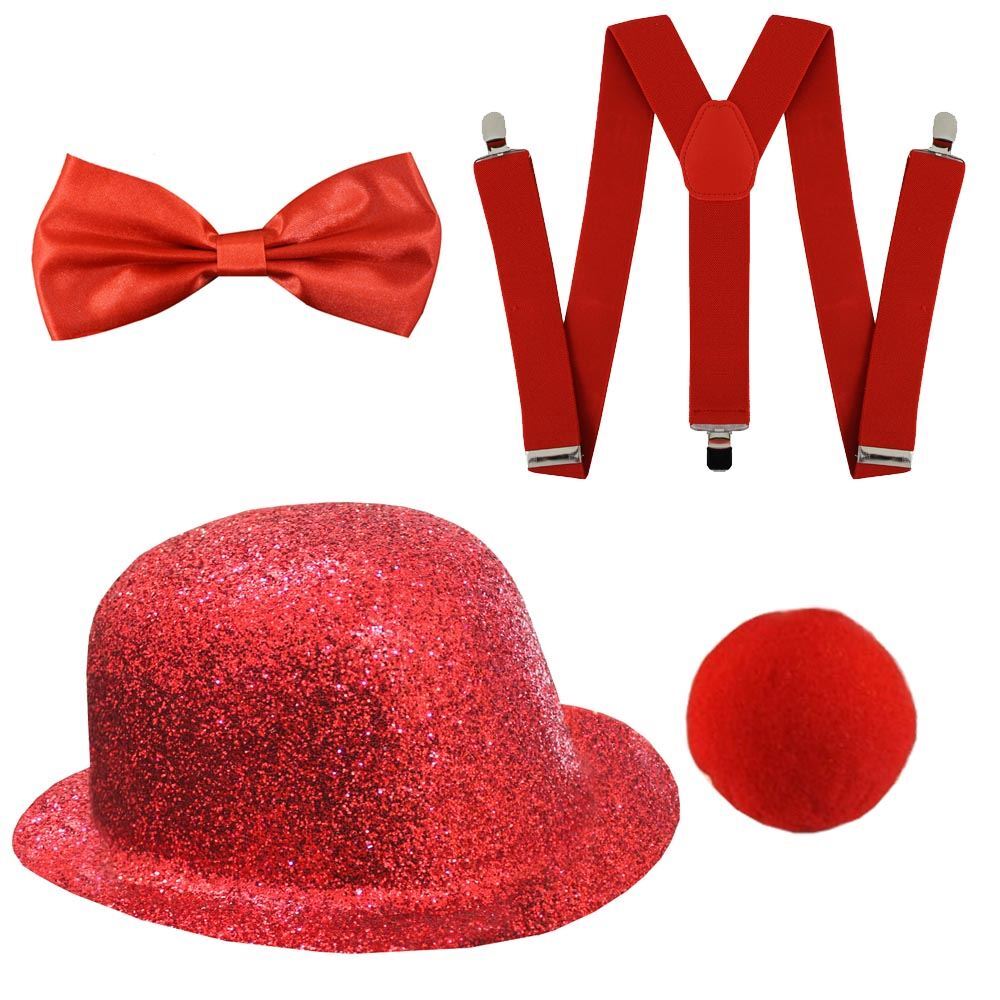 RED NOSE DAY COSTUME SET HAT NOSE BOW TIE BRACES CHOOSE HAT FANCY DRESS ...