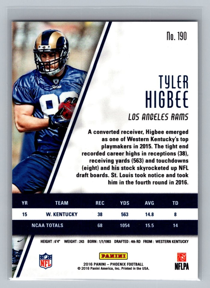 Tyler Higbee 2016 Panini Phoenix #190 Los Angeles Rams RC Rookie C43 | eBay