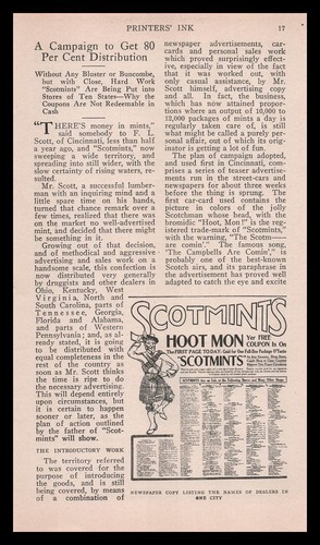 1914 F. L. Scott Cincinnati Scotmints Hoot Mon Mints Candy Dealer List ...