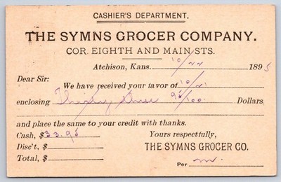 Antique Victorian business receipt postal card Symns Grocer 1895 | eBay