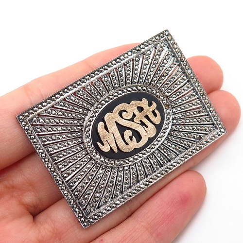 925 Sterling 2-Tone Antique Art-Deco Marcasite Black Onyx "MSA ...