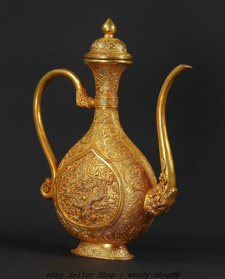 6" Old Tang Dynasty Copper Gold Gilt Dragon Beast Head Wine Tea Pot ...