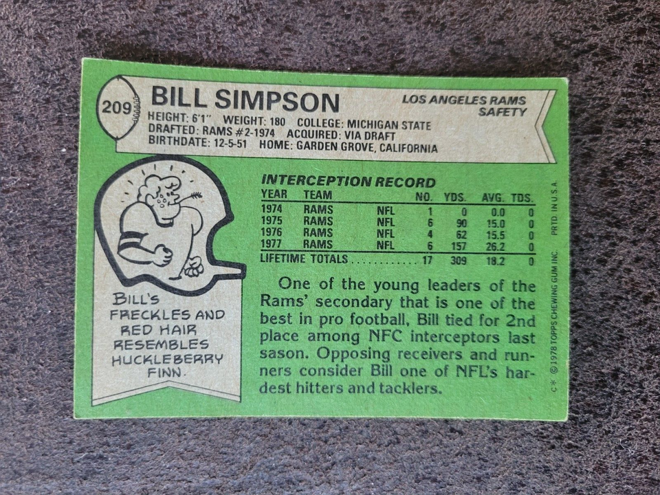 1978 Topps FOOTBALL Bill Simpson #209 - Los Angeles Rams - AUTOGRAPHED ...