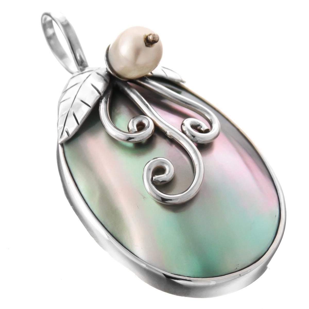 925 Sterling Silver Blue Abalone Shell Freshwater Pearl Pendant, 1 11/ ...