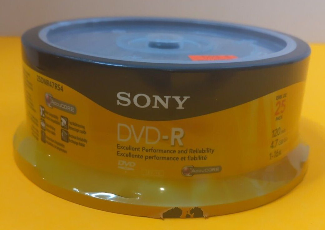 SONY DVD-R 4.7GB 120min 1-16X Optical Media Storage (25 Discs) Spindle ...