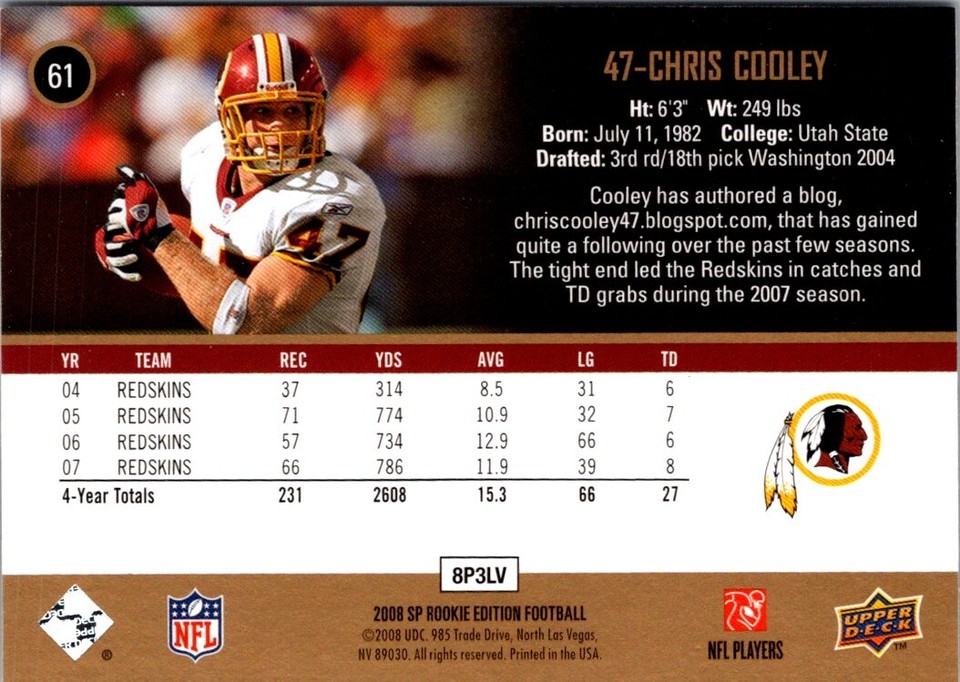 2008 SP Chris Cooley #61 Washington Redskins Football Card | eBay