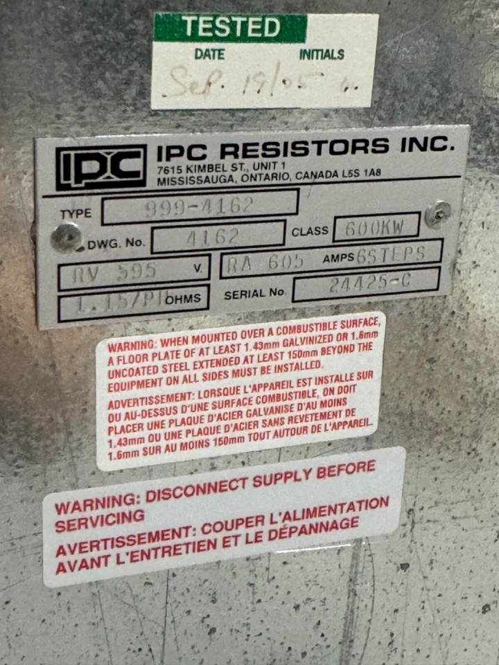 IPC Power Resistors 600KW Resistive Load Bank GENERATOR 600V 595V #AK ...