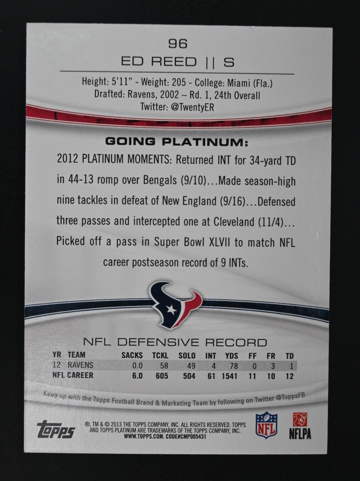 2013 Topps Platinum #96 Ed Reed Sapphire Houston Texans | eBay