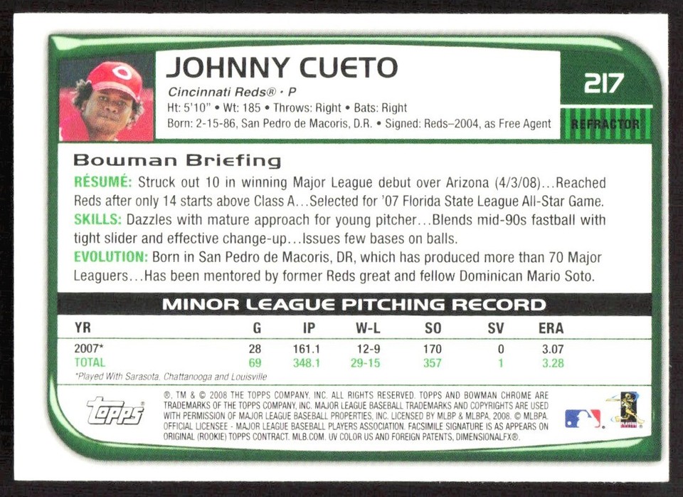 2008 3722B Bowman Chrome ROOKIE CARD REFRACTOR Johnny Cueto Rookie ...