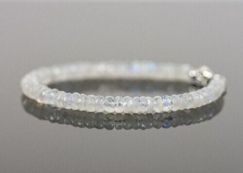 Natural White Rainbow Moonstone Beads Bracelet In 925 Sterling Silver ...