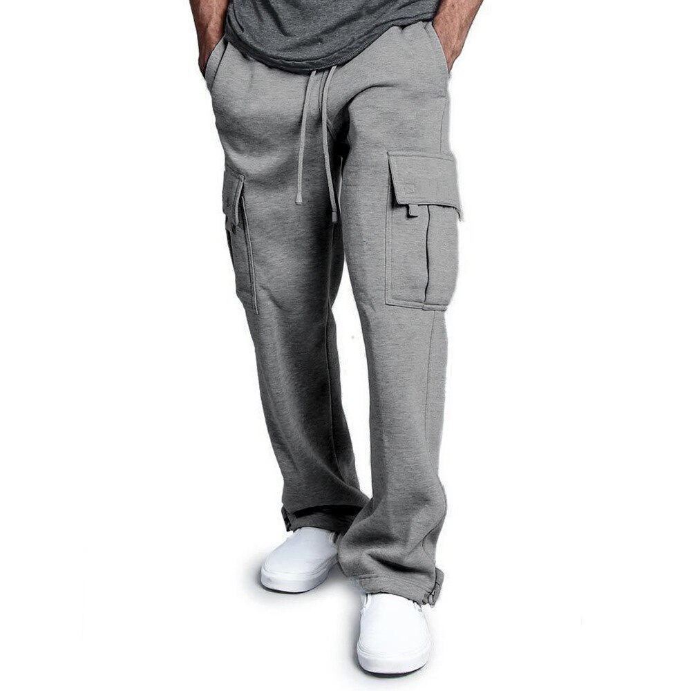 Men Drawstring Multi Pocket Sweat Pants Straight Leg Running Long ...