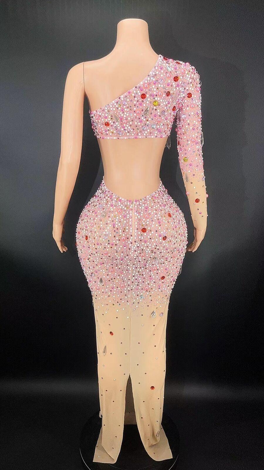 Women's Sexy Water Diamond Single Sleeve Transparent Dress Long Dress ...