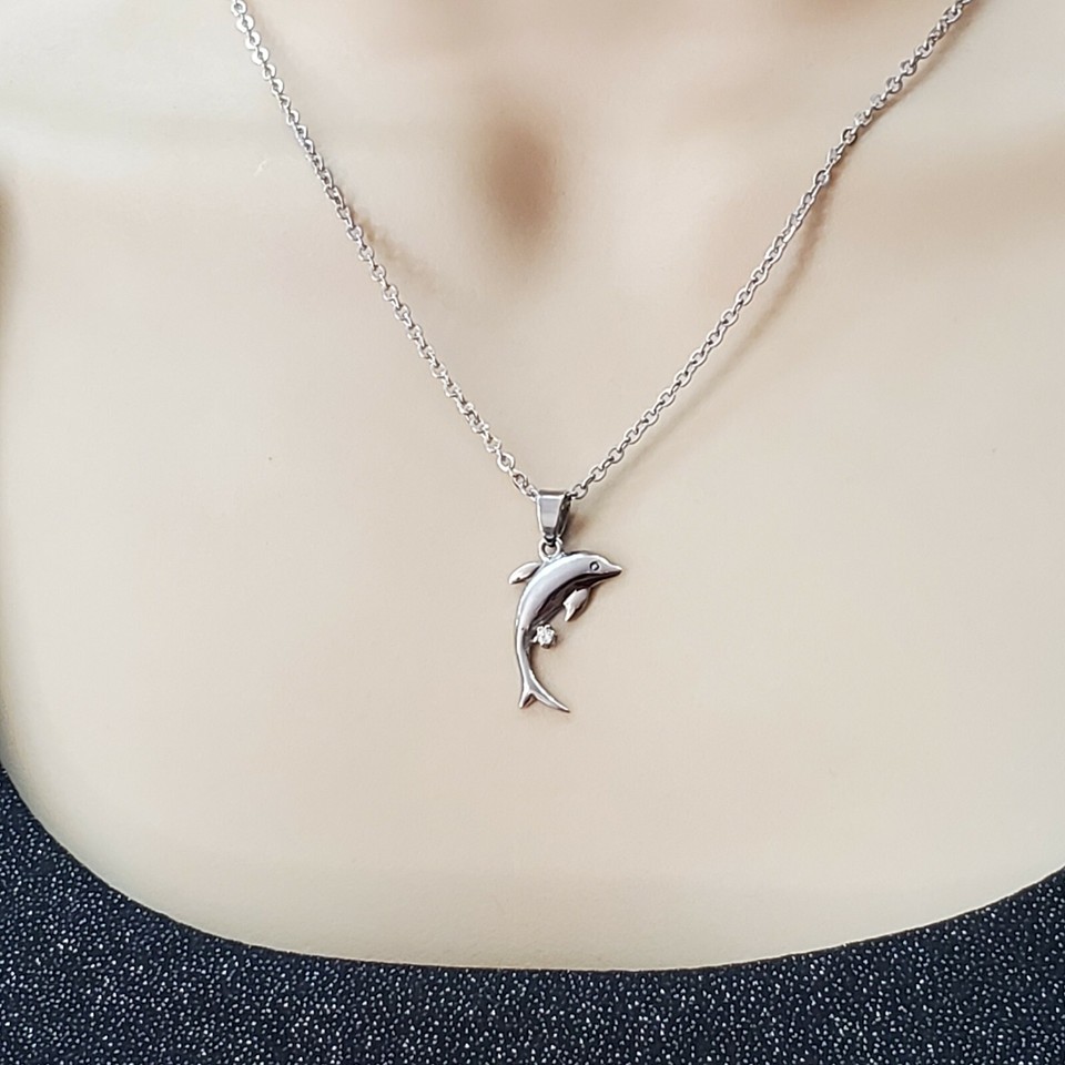 Women Stainless Steel Silver Dolphin Pendant Necklace Chain Lover ...