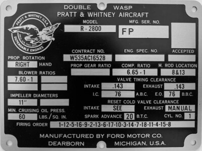 Ford Built P&W R-2800 Dbl Wasp Aircraft Engine Data Plate New Old Stock ...