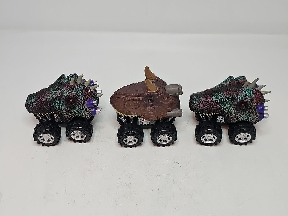 Lot Of 3 Dinosaur Head Pull Back Wind Up Monster Trucks T-Rex ...