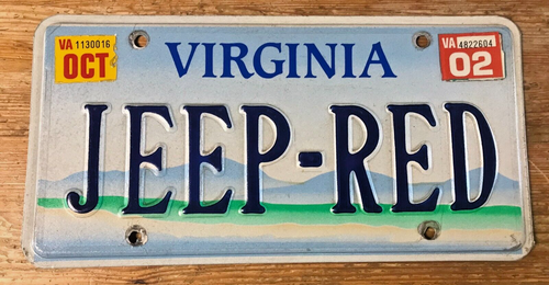 Jeep Red Virginia Vanity License Plate VA Tag 2002 Sticker Personalized ...