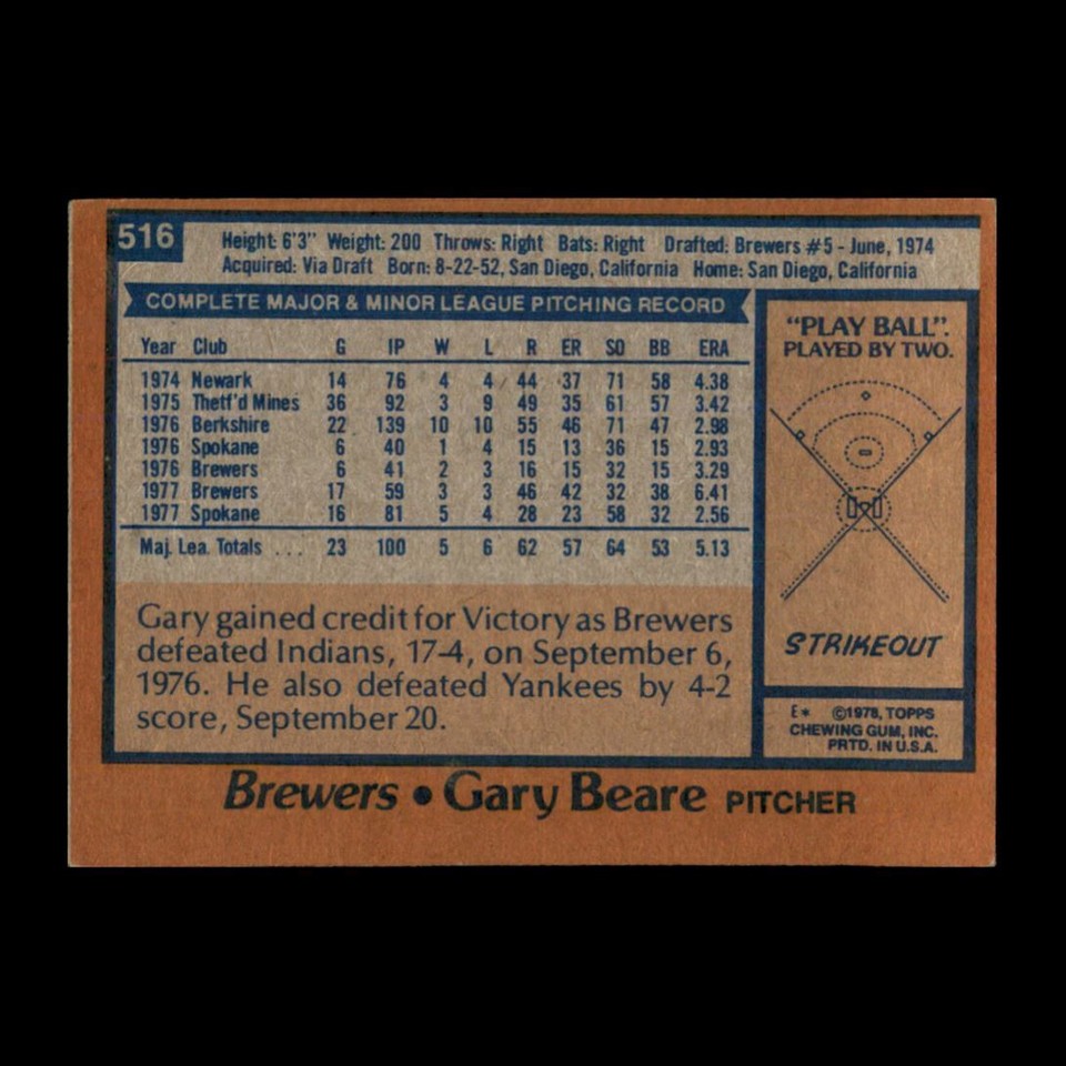 Gary Beare 1978 Topps Rookie Milwaukee Brewers #516 Set Break NICE! | eBay