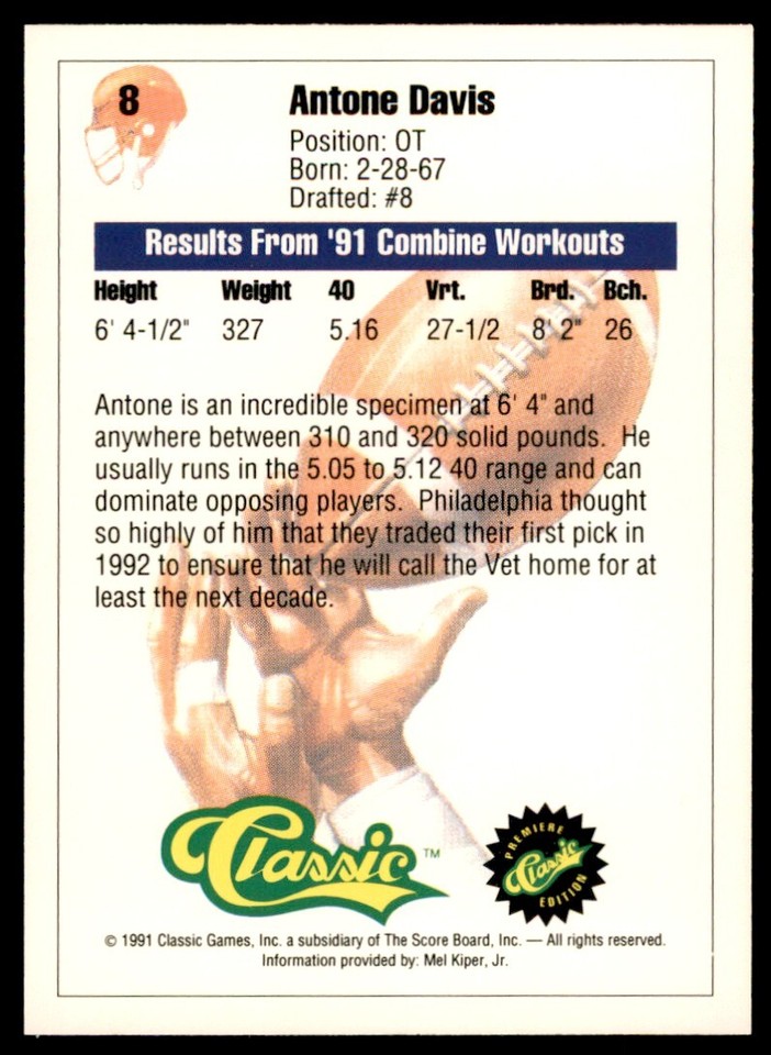 1991 Classic Draft Picks Antone Davis . Tennessee Volunteers #8 | eBay