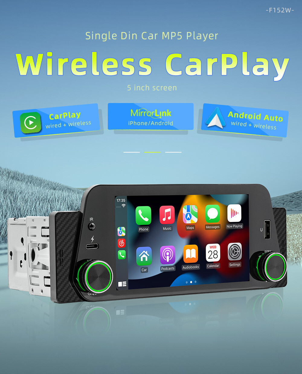 1 Din Wireless CarPlay Android Auto Car Stereo Radio 5in MP5 Player ...