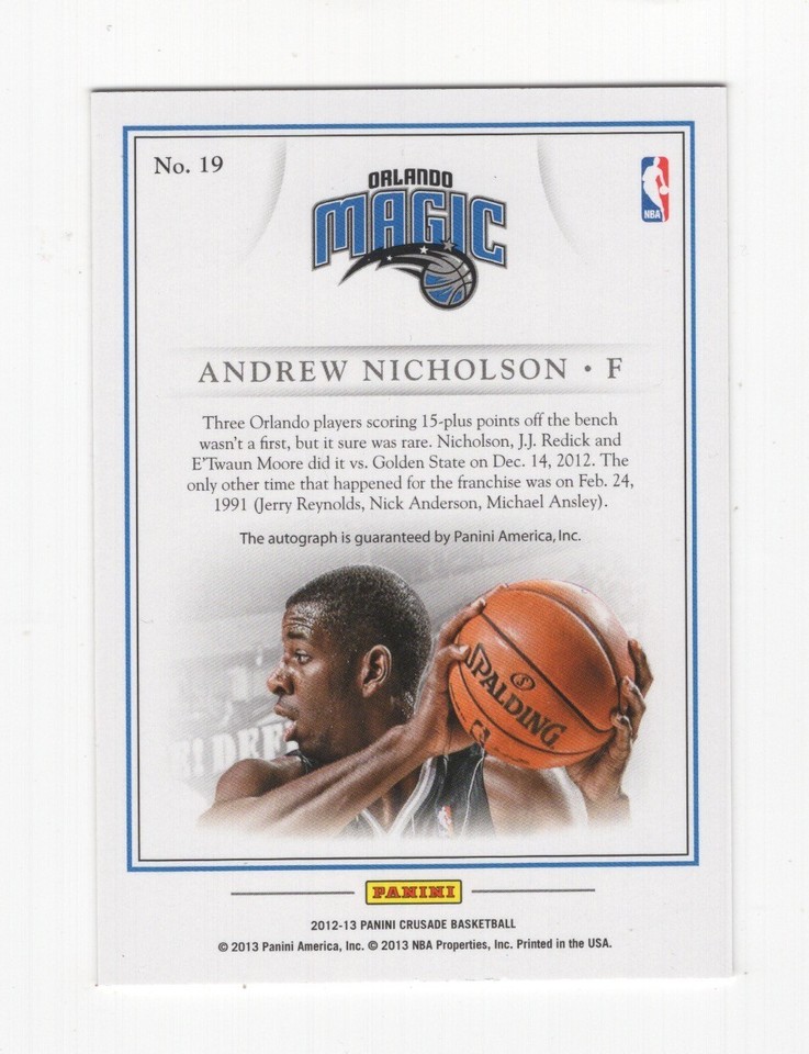 2012-13 PANINI CRUSADE BASKETBALL QUEST AUTOGRAPH ANDREW NICHOLSON MAGIC #19 | eBay