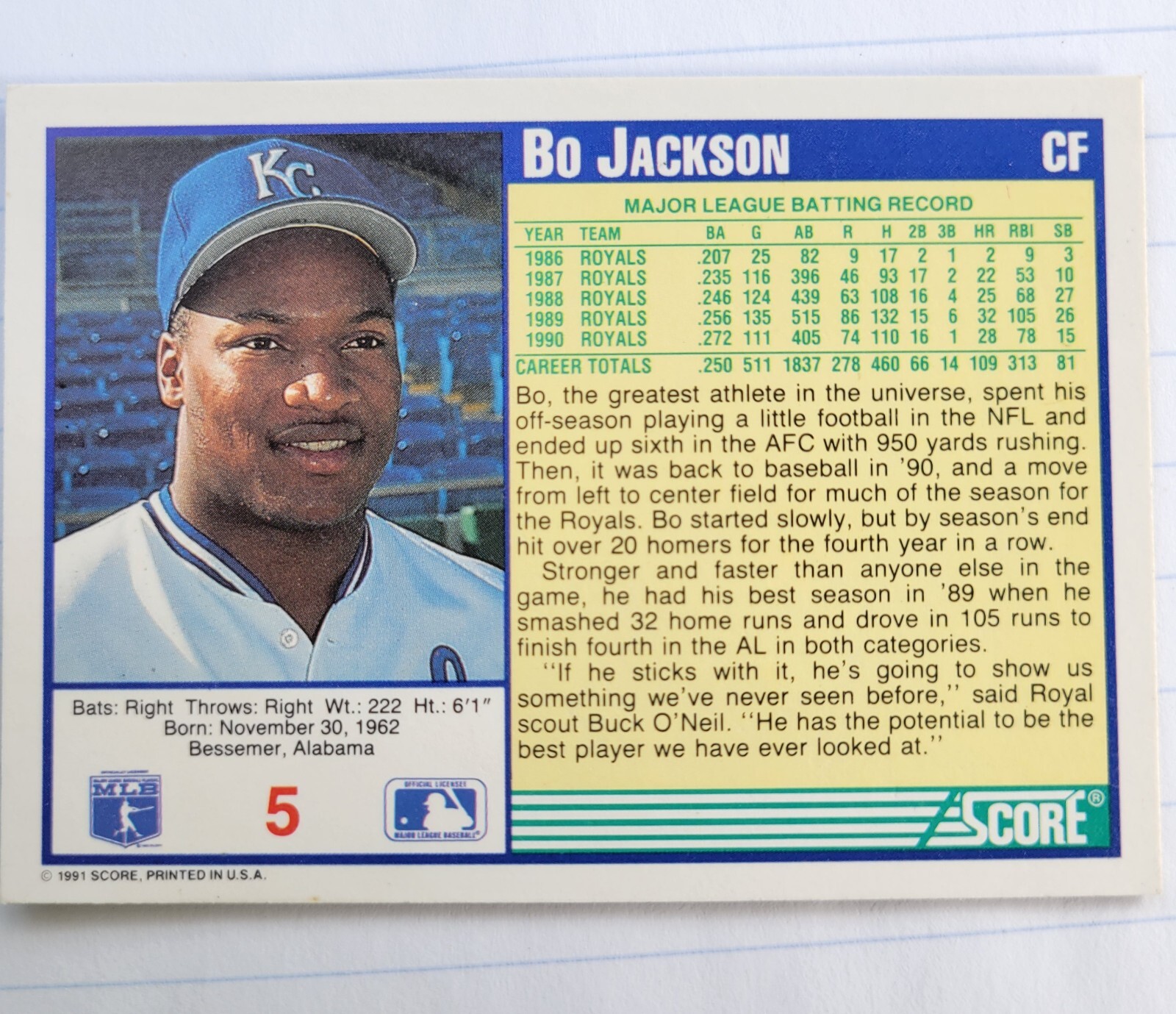 1991 Score Bo Jackson Card #5 | eBay