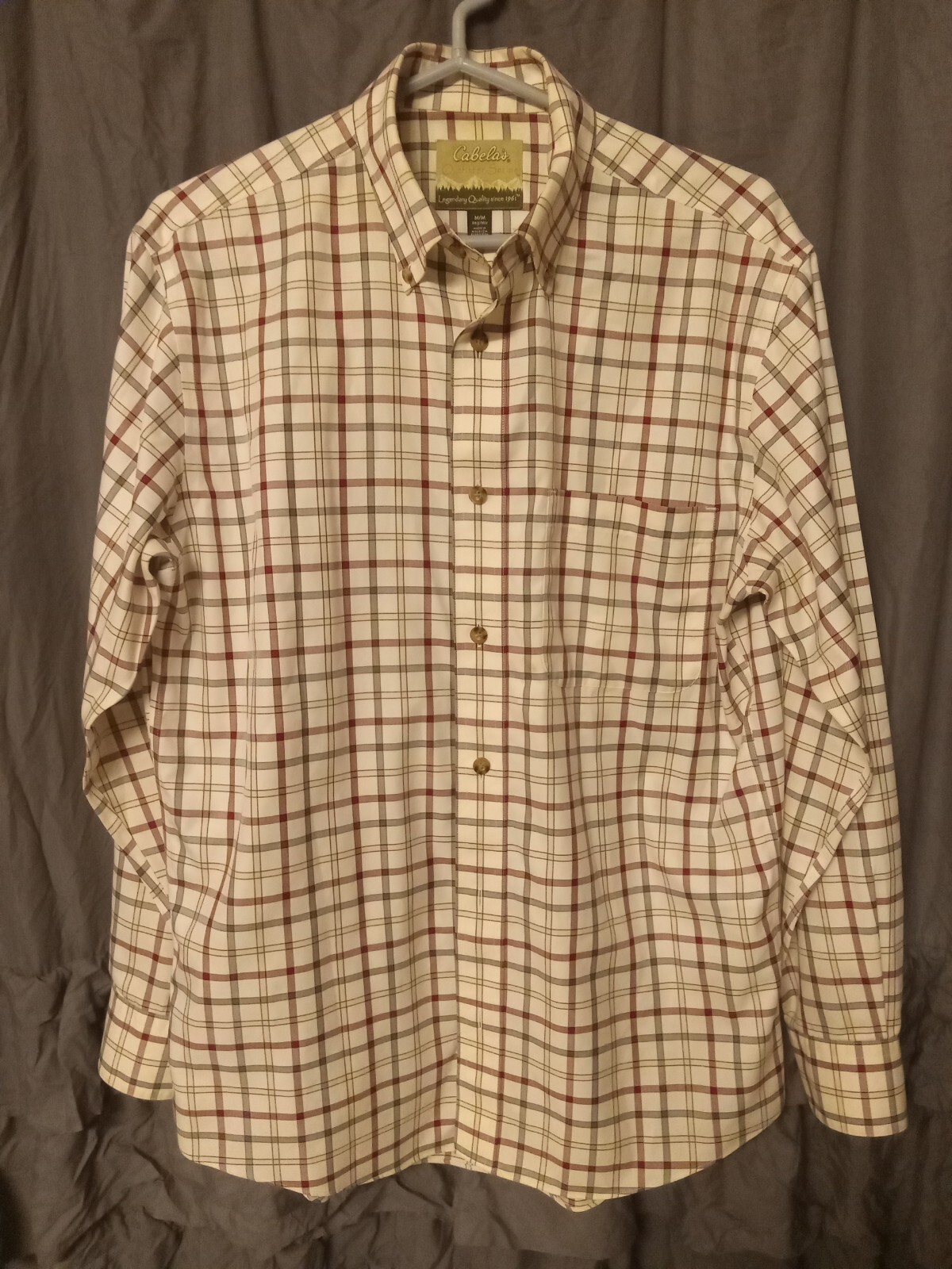 Cabelas Shirt Mens Size M Plaid Outfitter Series Button Down 100% Ivory ...