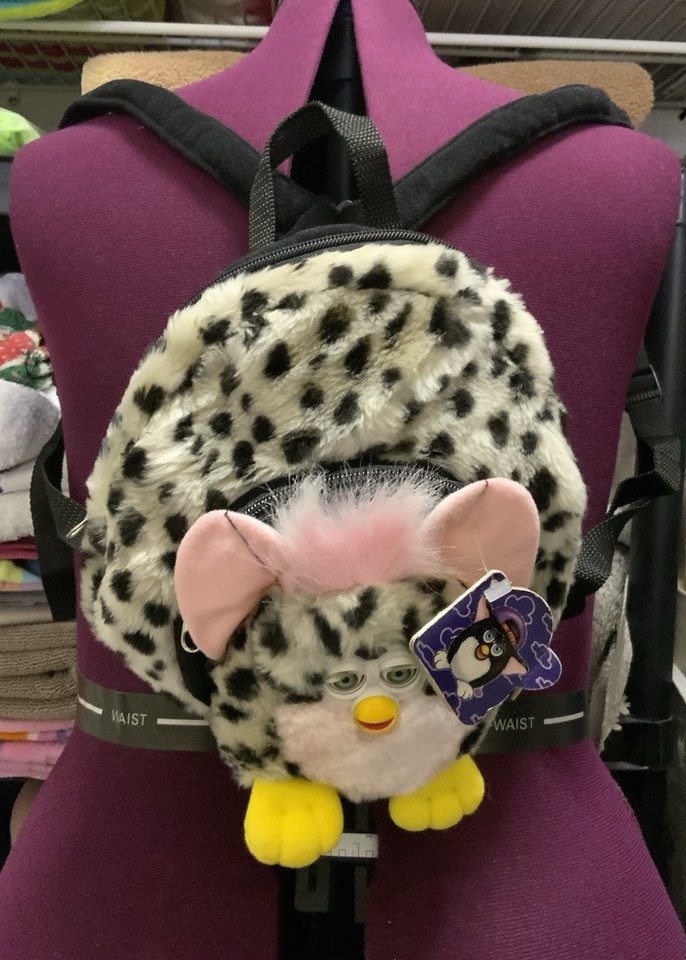 Vintage FURBY Adjustable Mini Bag Zipper Backpack White Black Spots ...
