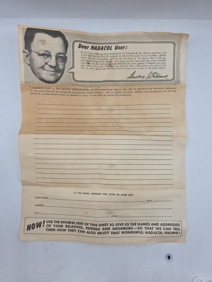 HADACOL 24oz Dietary Supplement Vintage Bottle With Paperwork NEW OLD ...