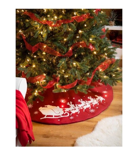 Santa Sleight 47 in. Fabric Christmas Tree Skirt, Embroidered Detail ...
