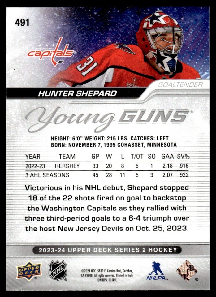 2023-24 Upper Deck Young Guns Hunter Shepard Rookie Washington Capitals ...