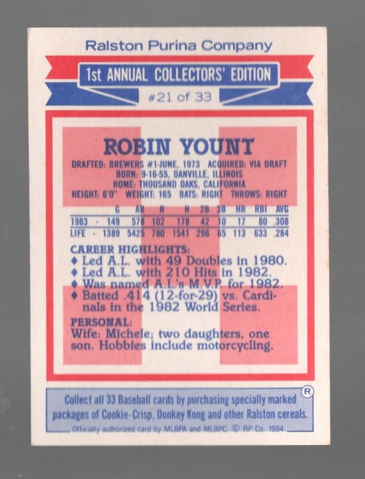 1984 Topps Ralston Purina #21 Robin Yount Excellent/NM | eBay