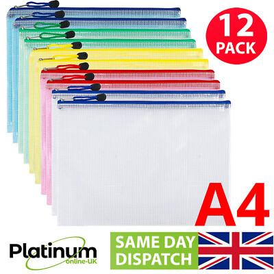 12X A4 PLASTIC WALLET POCKET STORAGE FILE BAGS PAPER DOCUMENT ZIP MESH ...