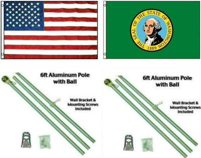 3x5 USA American & State of Washington Flag Aluminum Pole Kit Ball Top ...