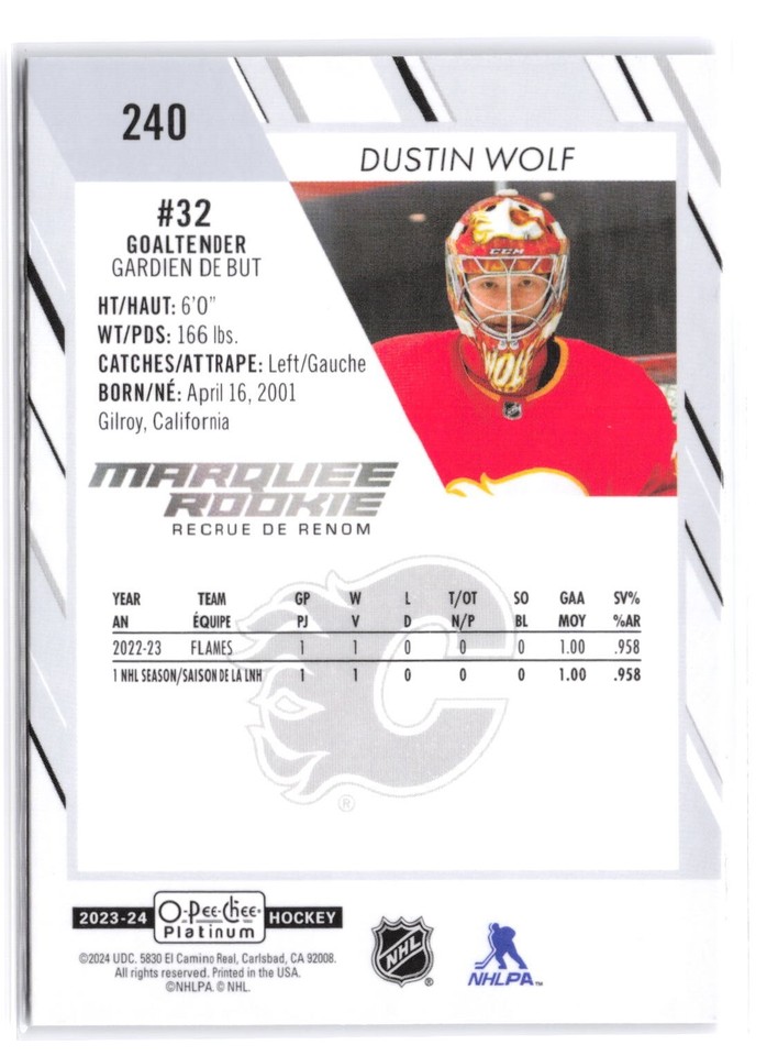 2023-24 UD O-Pee-Chee Platinum #240 Dustin Wolf RC Rookie | eBay