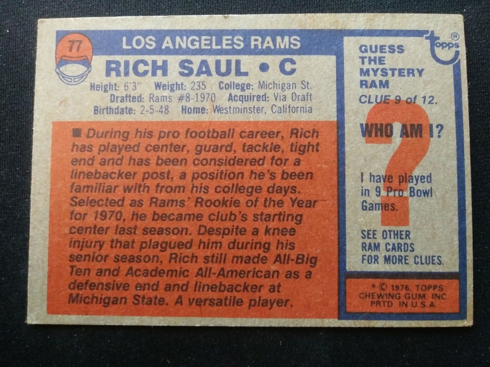 1976 Topps Football Card # 77 Rich Saul - Los Angeles Rams | eBay