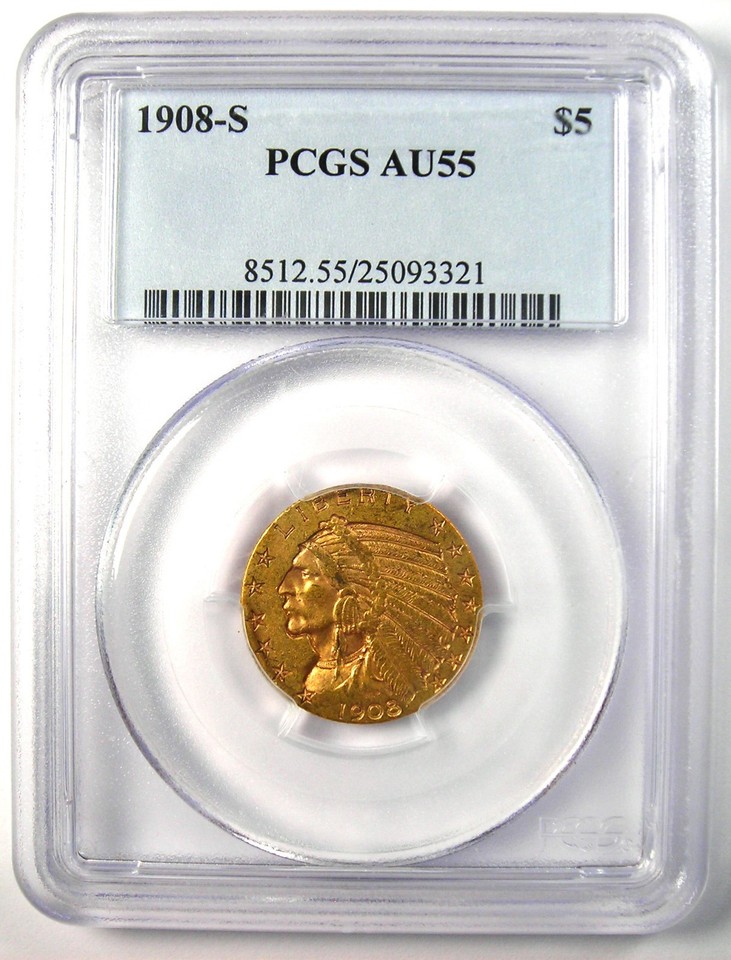 1908-S Indian Gold Half Eagle $5 Coin - PCGS AU55 - Rare Date - $3,250 Value | eBay