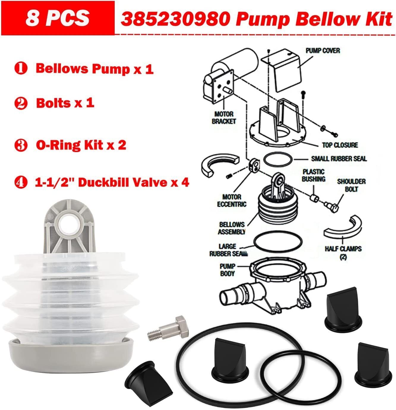 385230980 Pump Bellow Kit & Duckbill Valve O-Ring Kit For Dometic S T J ...