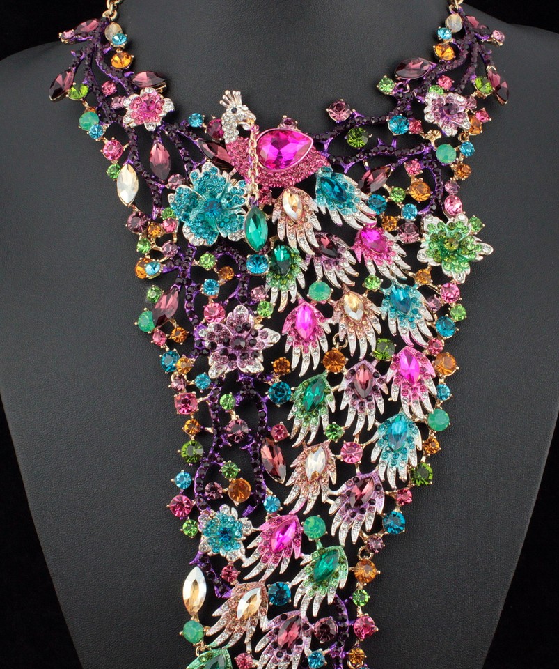 Giant Beauty Queen Peacock Multi-Color Rhinestone Necklace Earrings Set ...