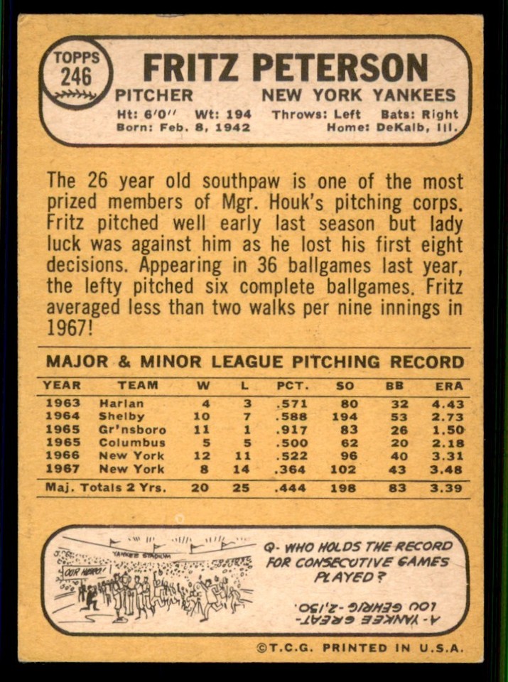 1968 Topps VG./EX+ #246 Fritz Peterson New York Yankees | eBay