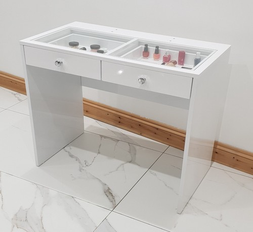 Dressing Table Vanity Station Clear Tempered Glass Top High-Gloss Pro ...