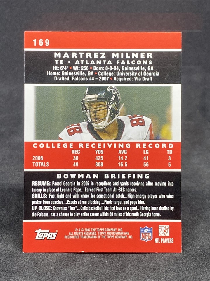 MARTREZ MILNER 2007 Bowman Football Rookie RC #169 FALCONS | eBay