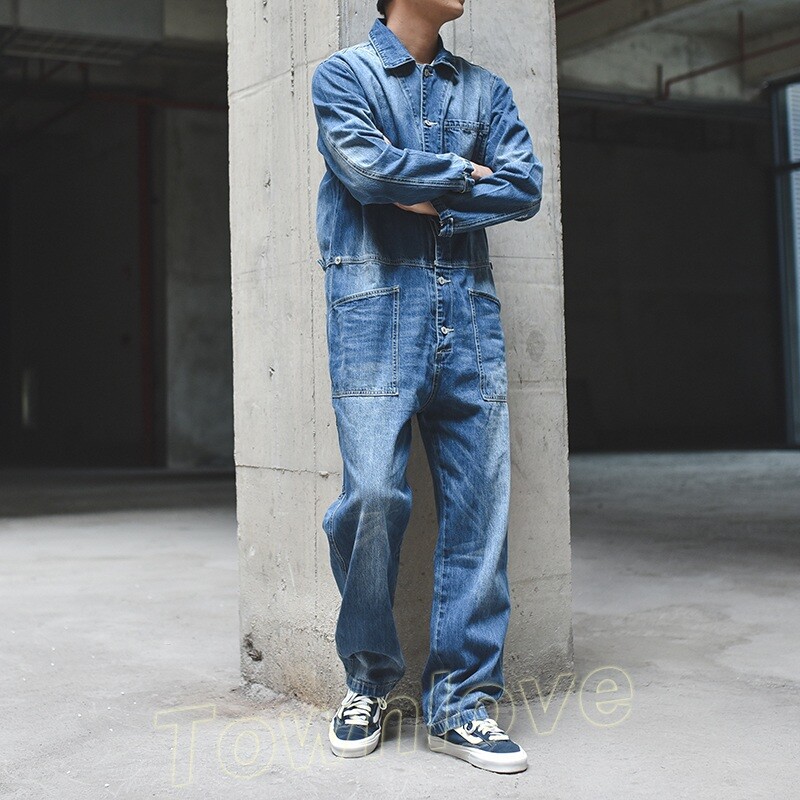 Men Denim Loose Casual Overall Jumpsuit Jeans Coat Suspender Romper ...