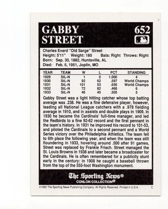 1992 Conlon Collection Gabby Street #652 St Louis Cardinals Free ...