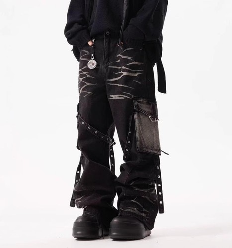 Mens Black Denim Jeans Straight Leg Casual Pants Retro Pockets Strap ...
