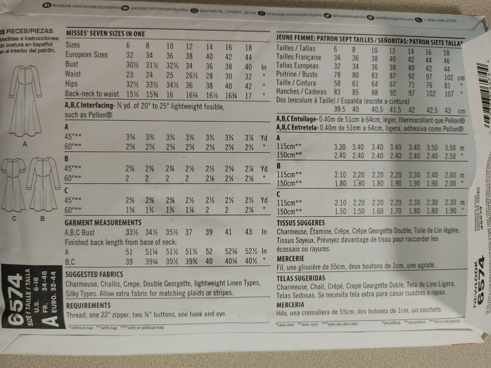 New Look Sewing Pattern 6574 Misses Empire Waist A Line Dresses Sizes 6 ...