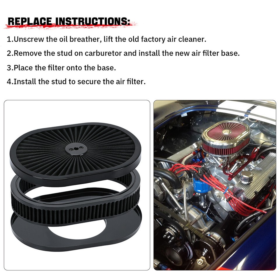 12" Oval Super flow Thru Air Cleaner Washable For SBC Chevy Ford 5-1/8 ...